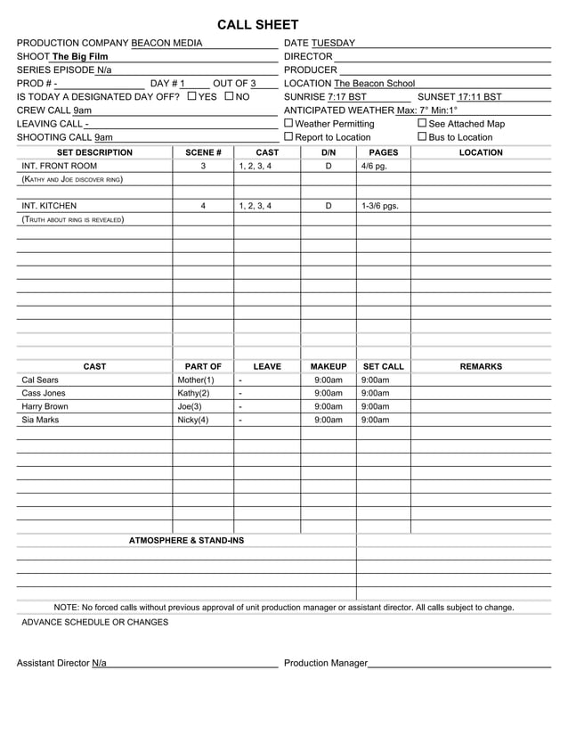 Call sheet | DOC