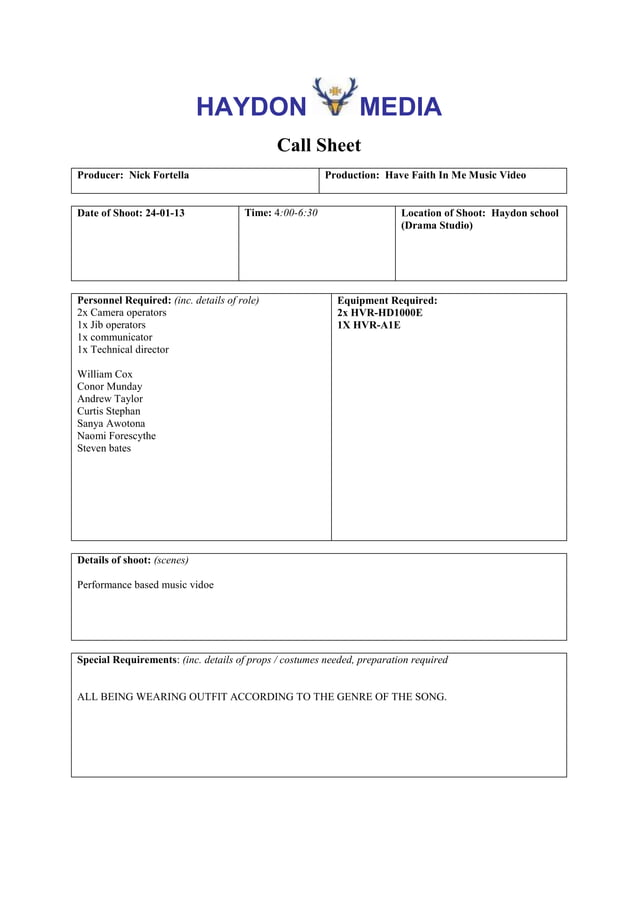 Call sheet | DOCX