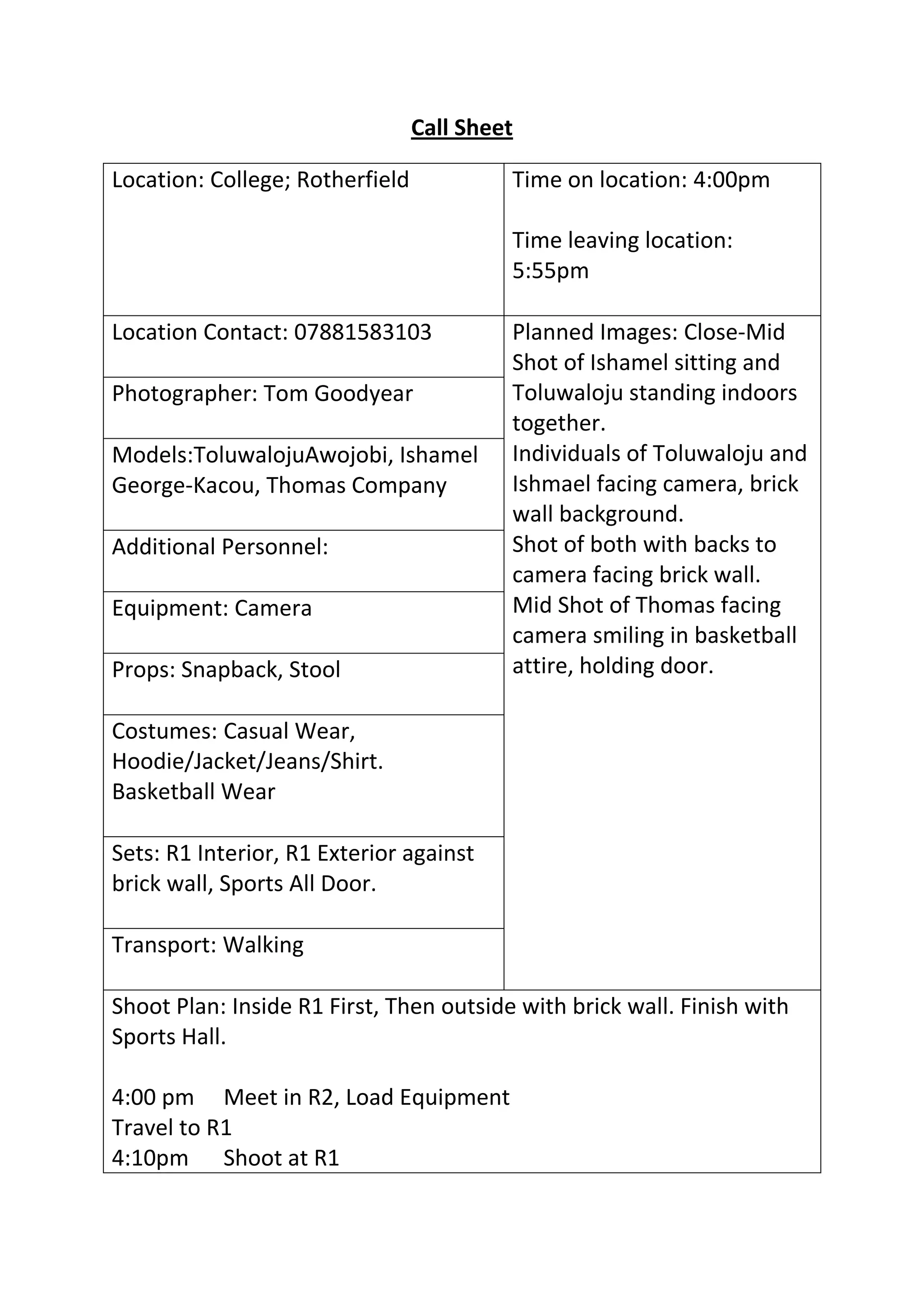 Call sheet | DOCX