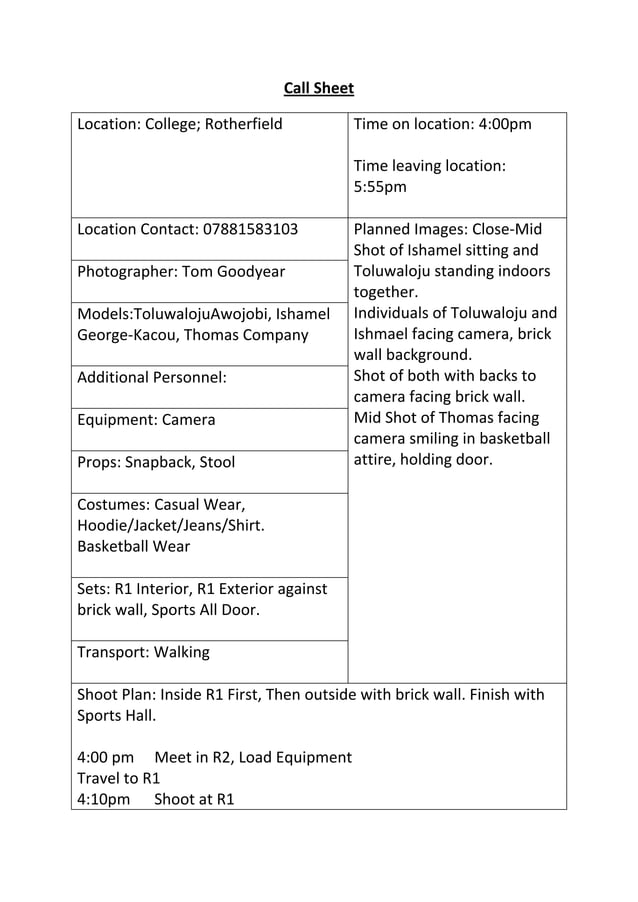 Call sheet | DOCX