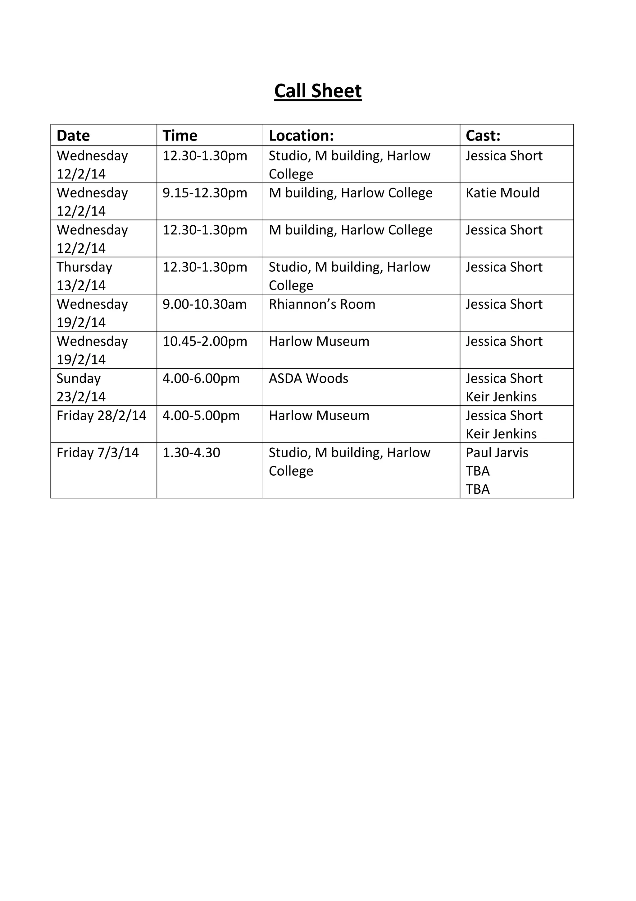 Call sheet | DOCX