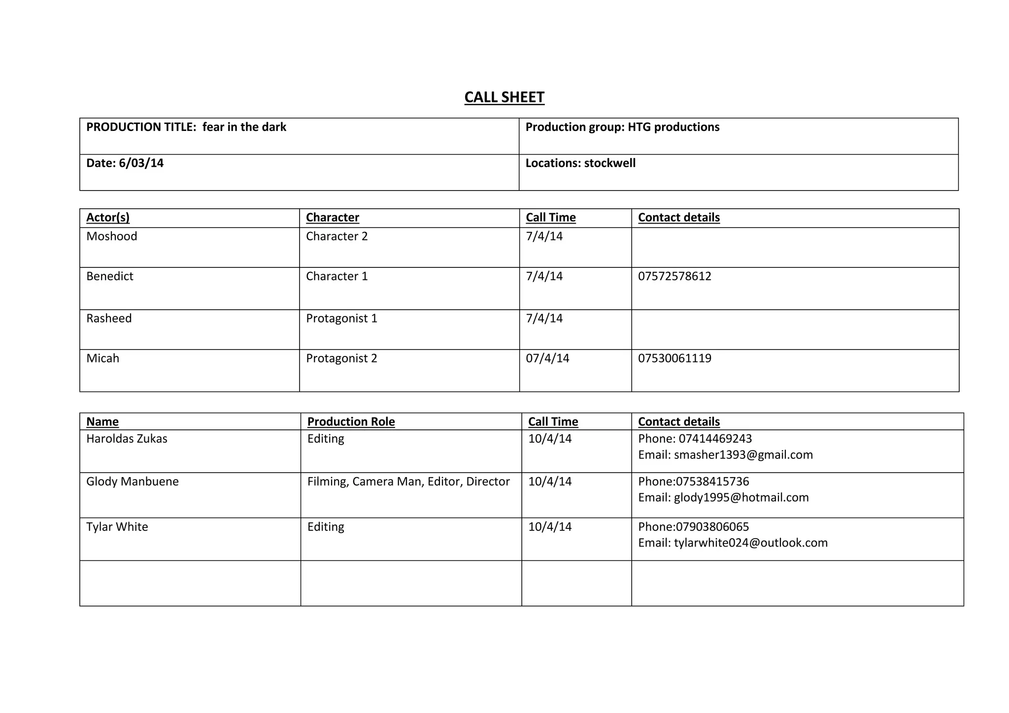 AS Media Production Call Sheet | DOCX