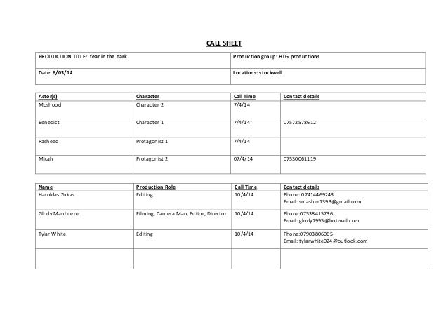 AS Media Production Call Sheet