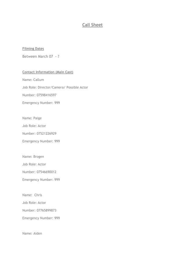 Call sheet | DOCX