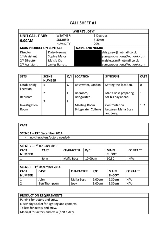Call sheet for final production | DOCX | Video Production | Content ...
