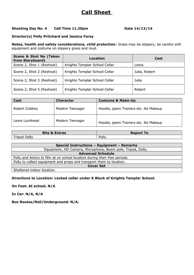 Callsheet | PDF