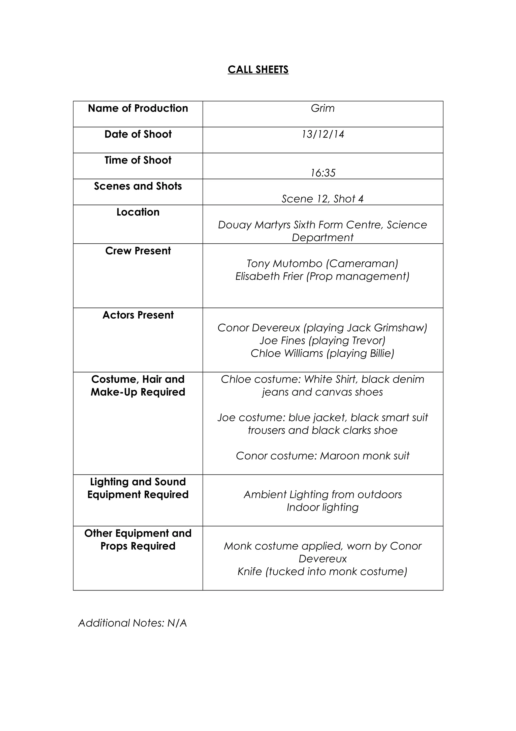 Call sheet | DOC