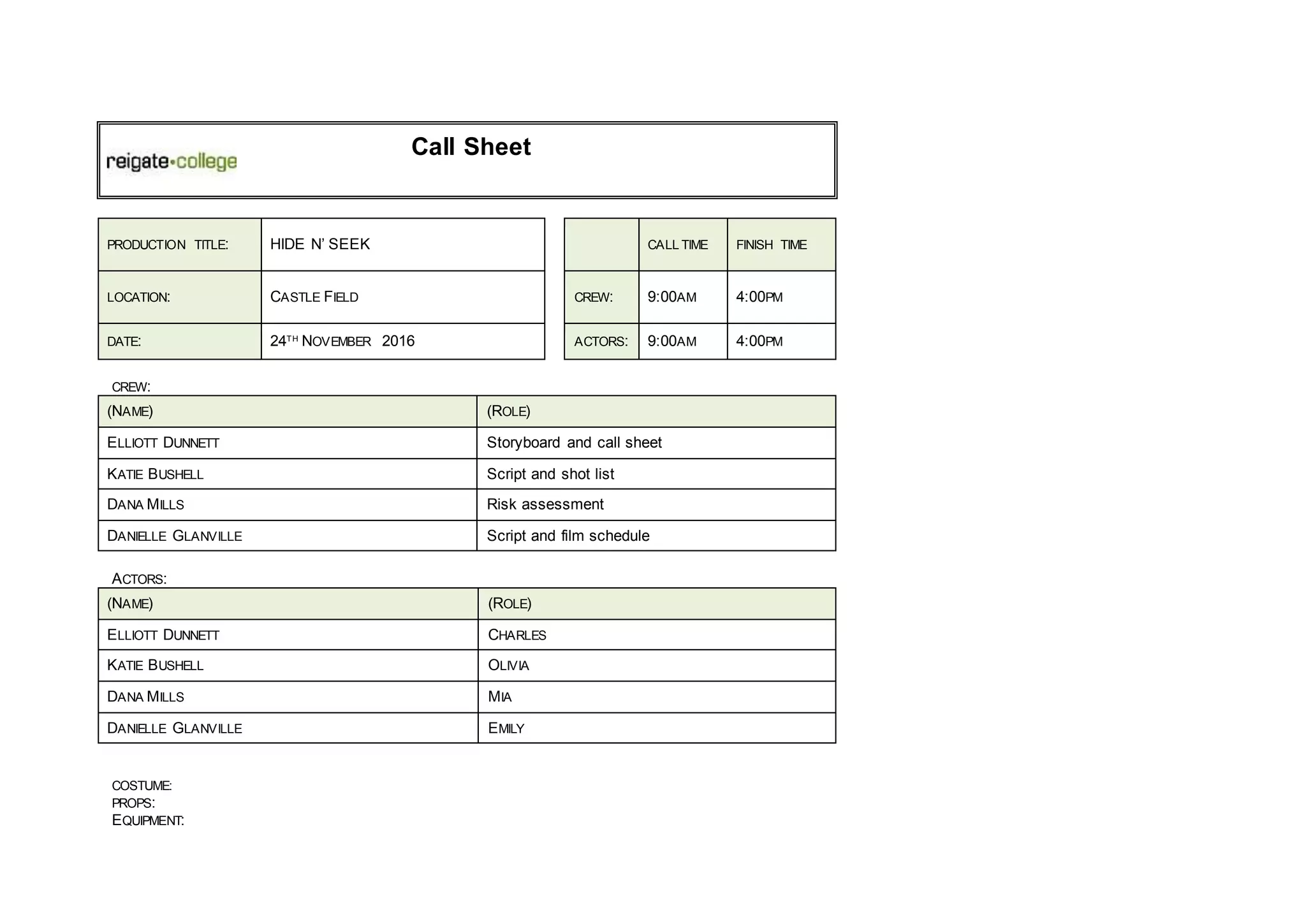 Call sheet | DOCX