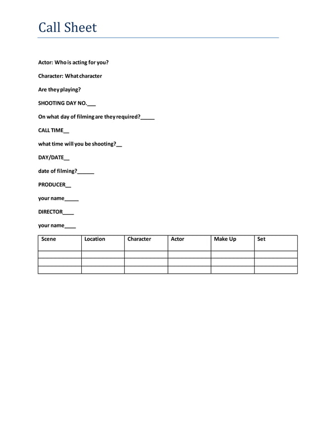 Call sheet | DOCX