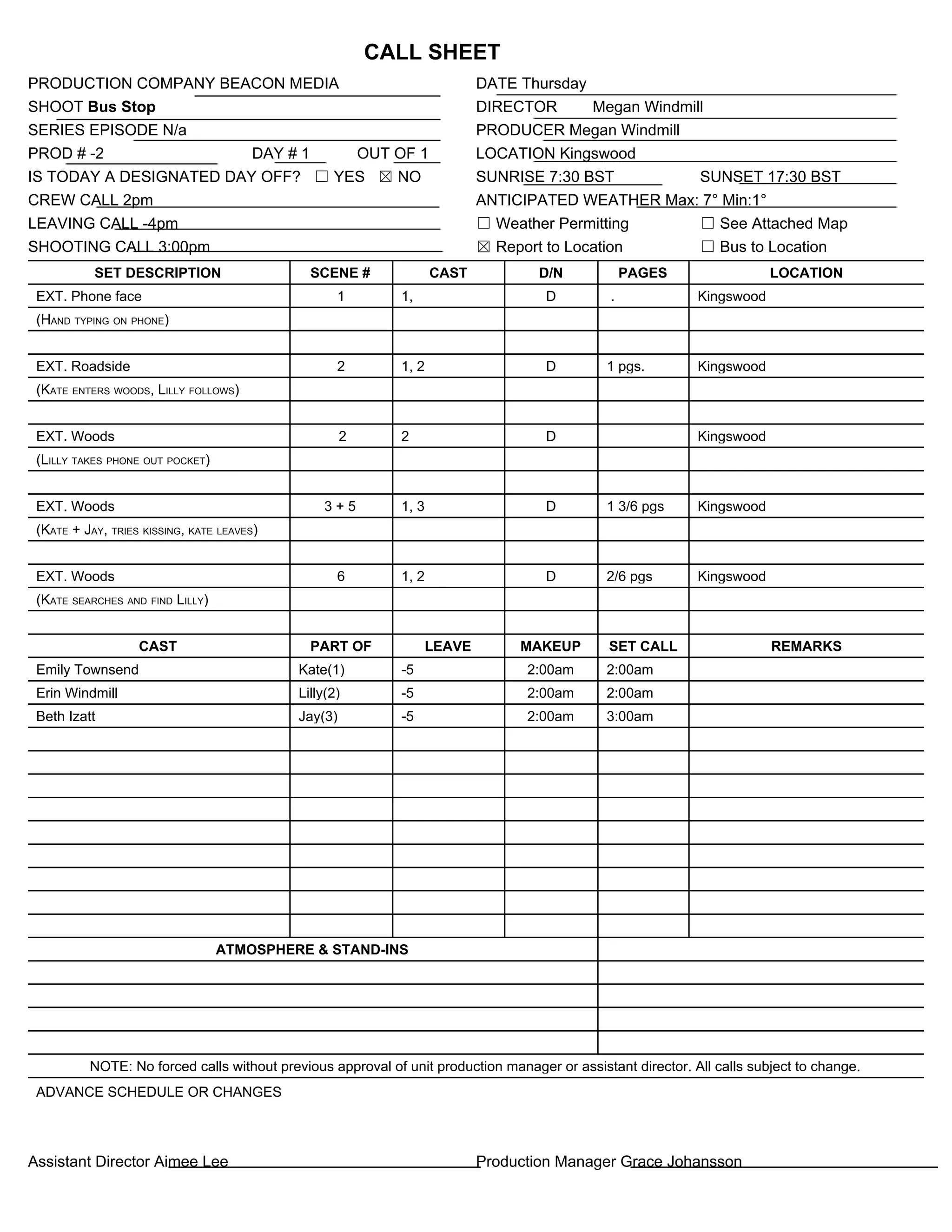 Pick Up Call Sheet | PDF