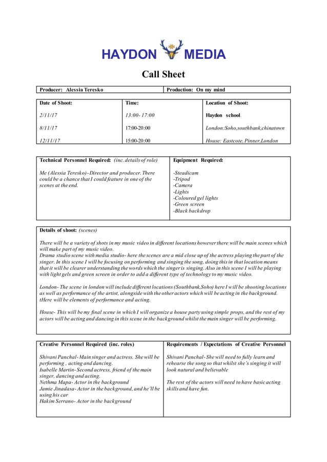 Call sheet | DOCX