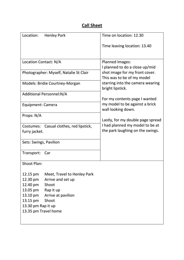Call sheet 1 | PDF
