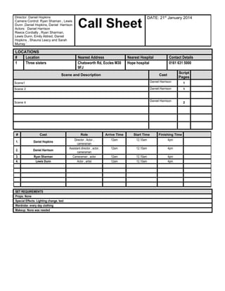 Call sheet 1 | DOC | Television | Entertainment