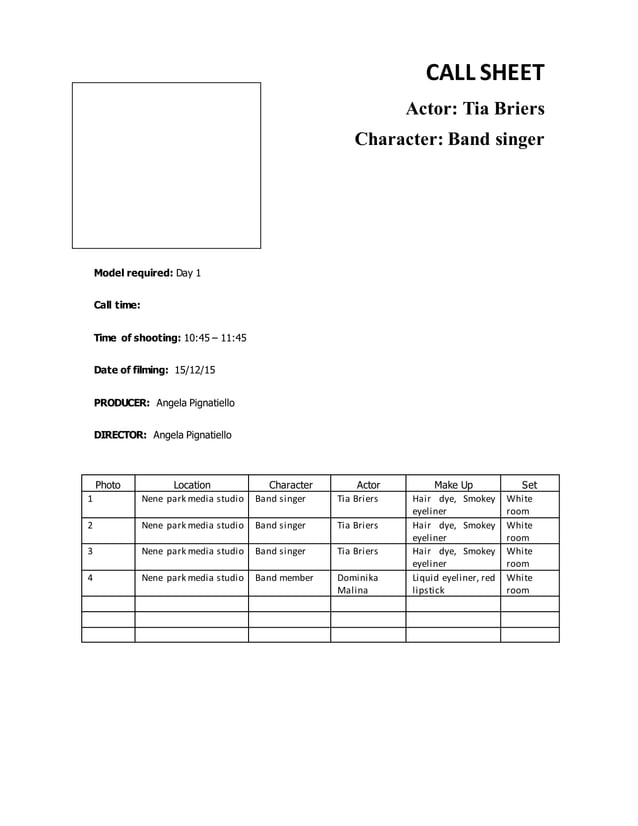 Callsheet 1 - Tia Briers | DOCX