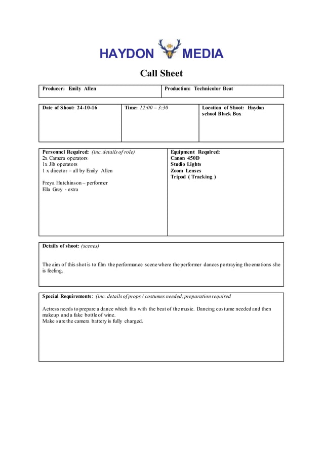 Call sheet 1 | DOCX | Cameras and Camcorders | Consumer Electronics
