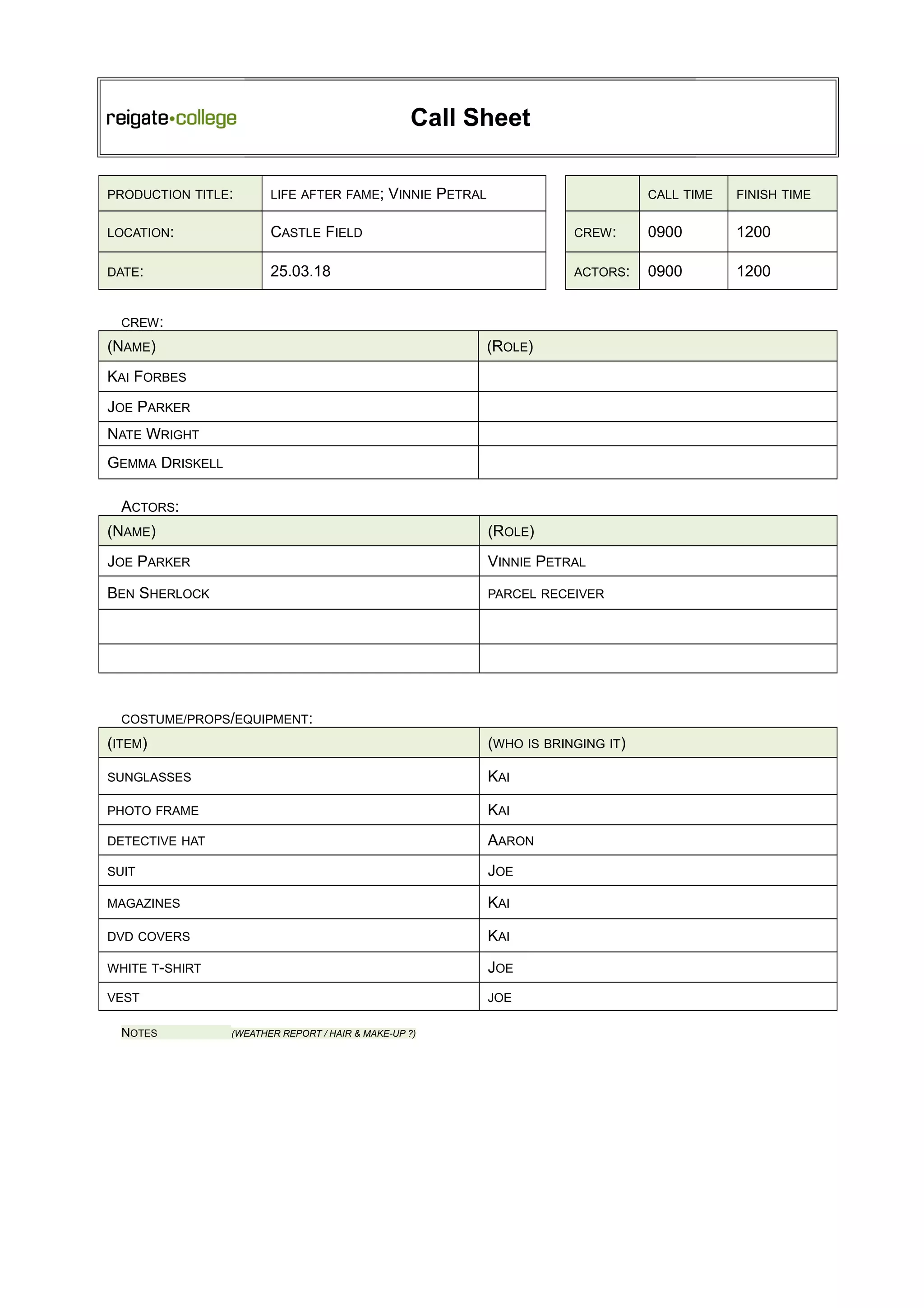 Call sheet | PDF