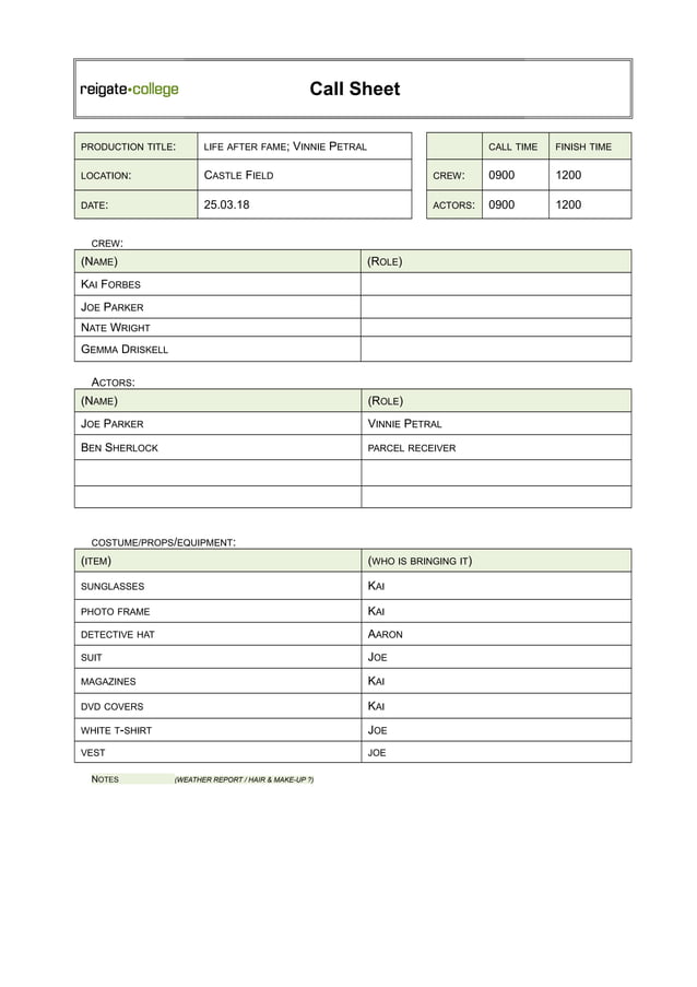 Call sheet | PDF