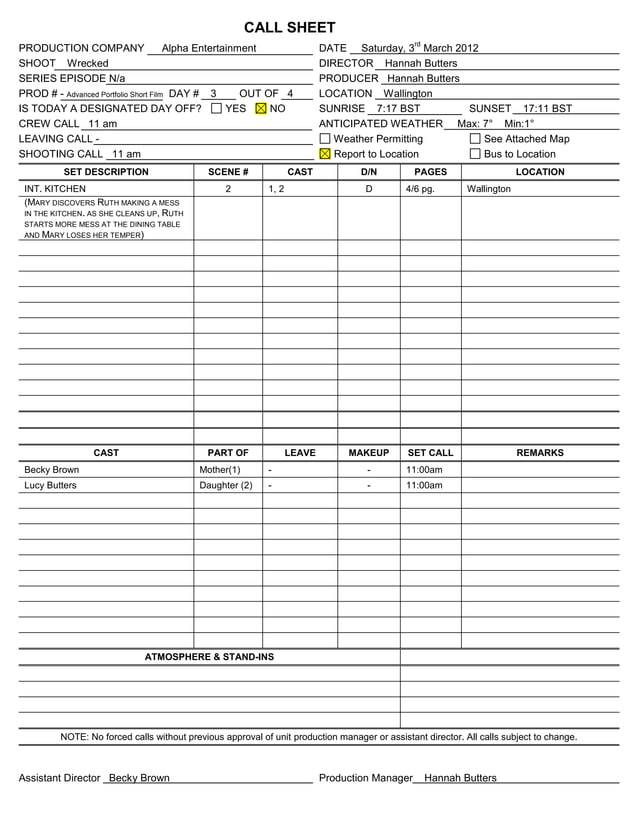 Call sheet 3 | DOCX