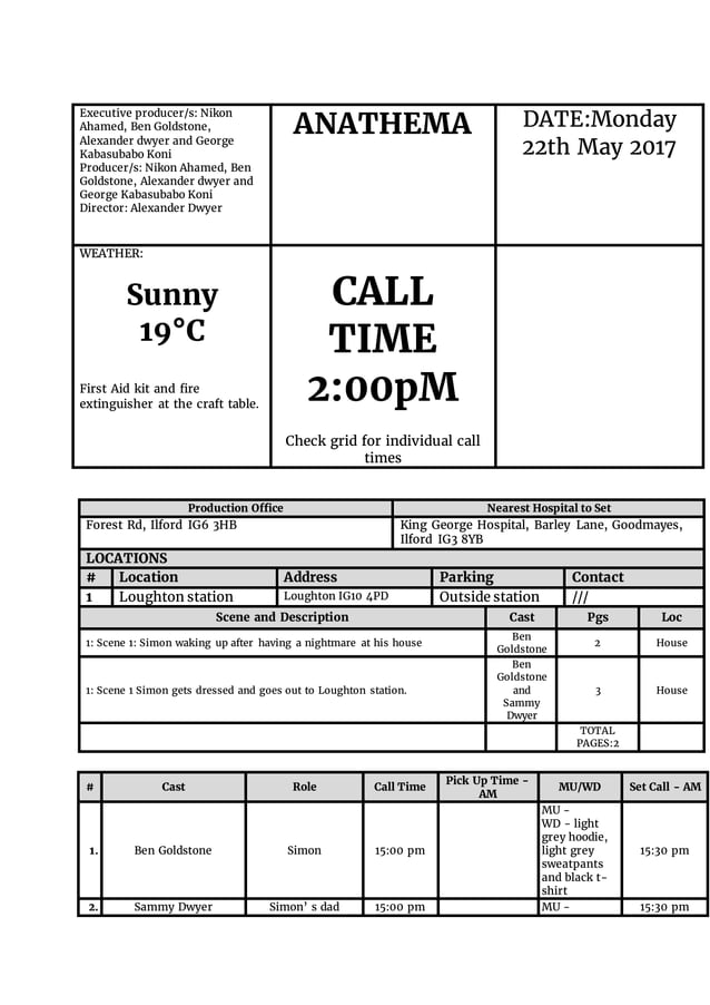 Call sheet3 (1) | PDF