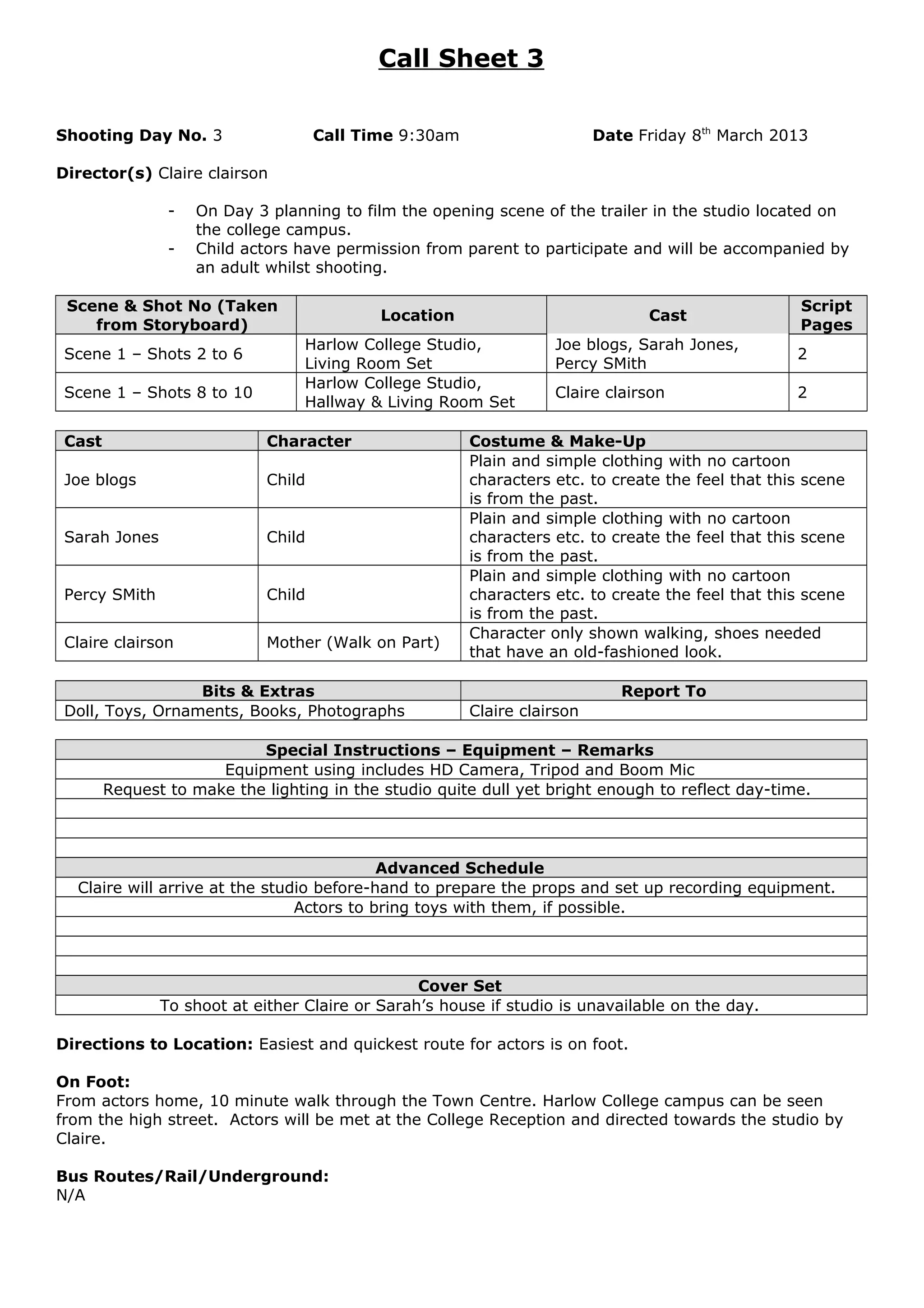 Call sheet example | PDF