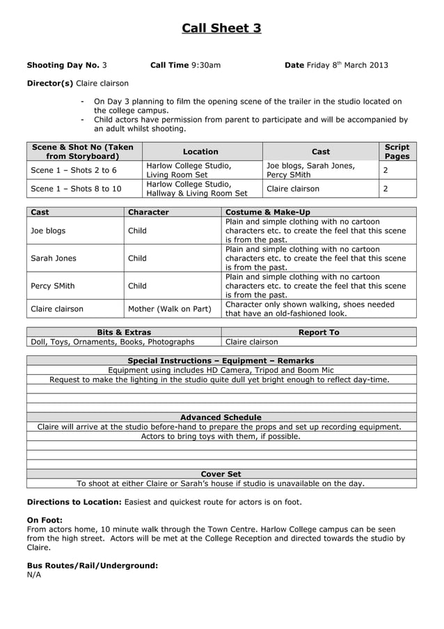 Call sheet example | PDF