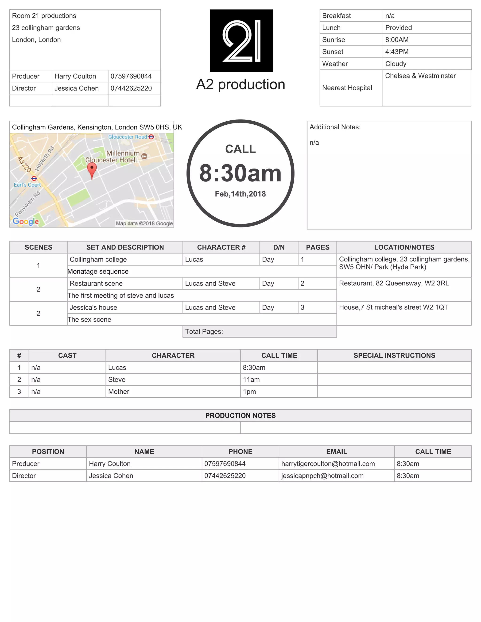 Call sheet final | PDF