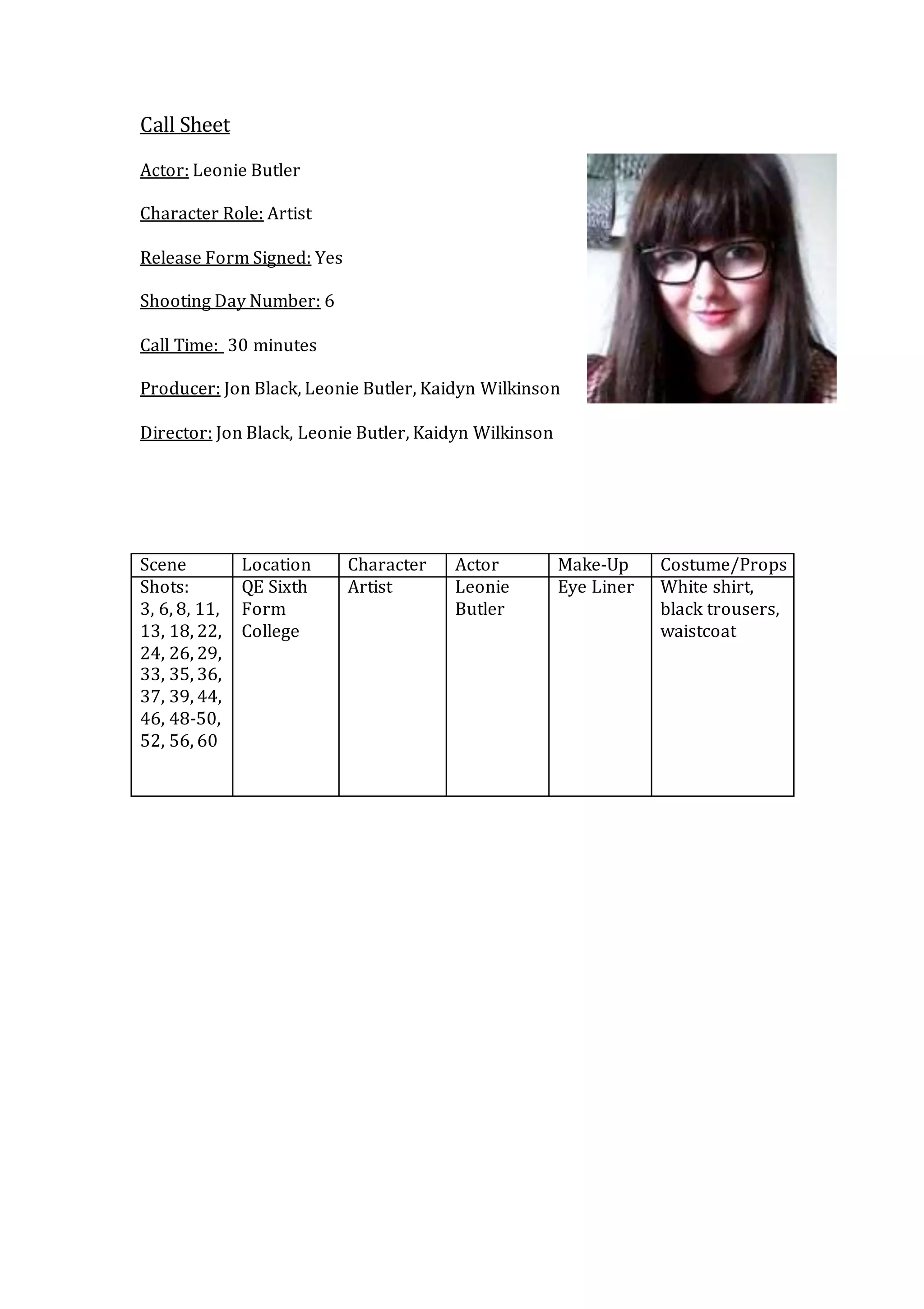 Call sheet leonie shoot6 | DOCX