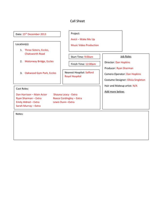 Call Sheet - Music Video Production | DOCX