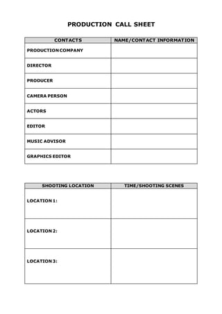 Call Sheet, Risk Assessment & Shooting Schedule | DOCX