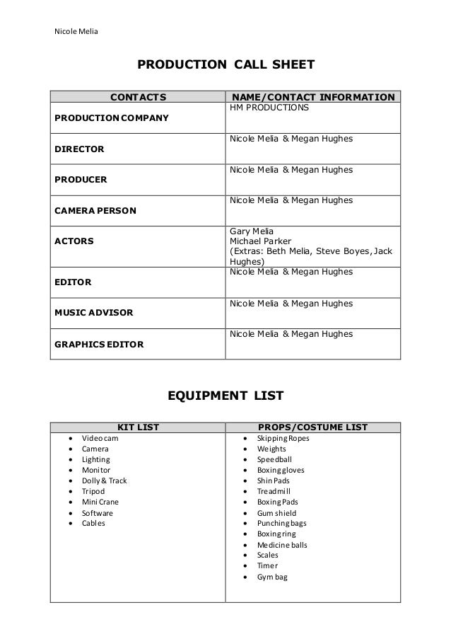 Call sheet, risk assessment and shooting schedule