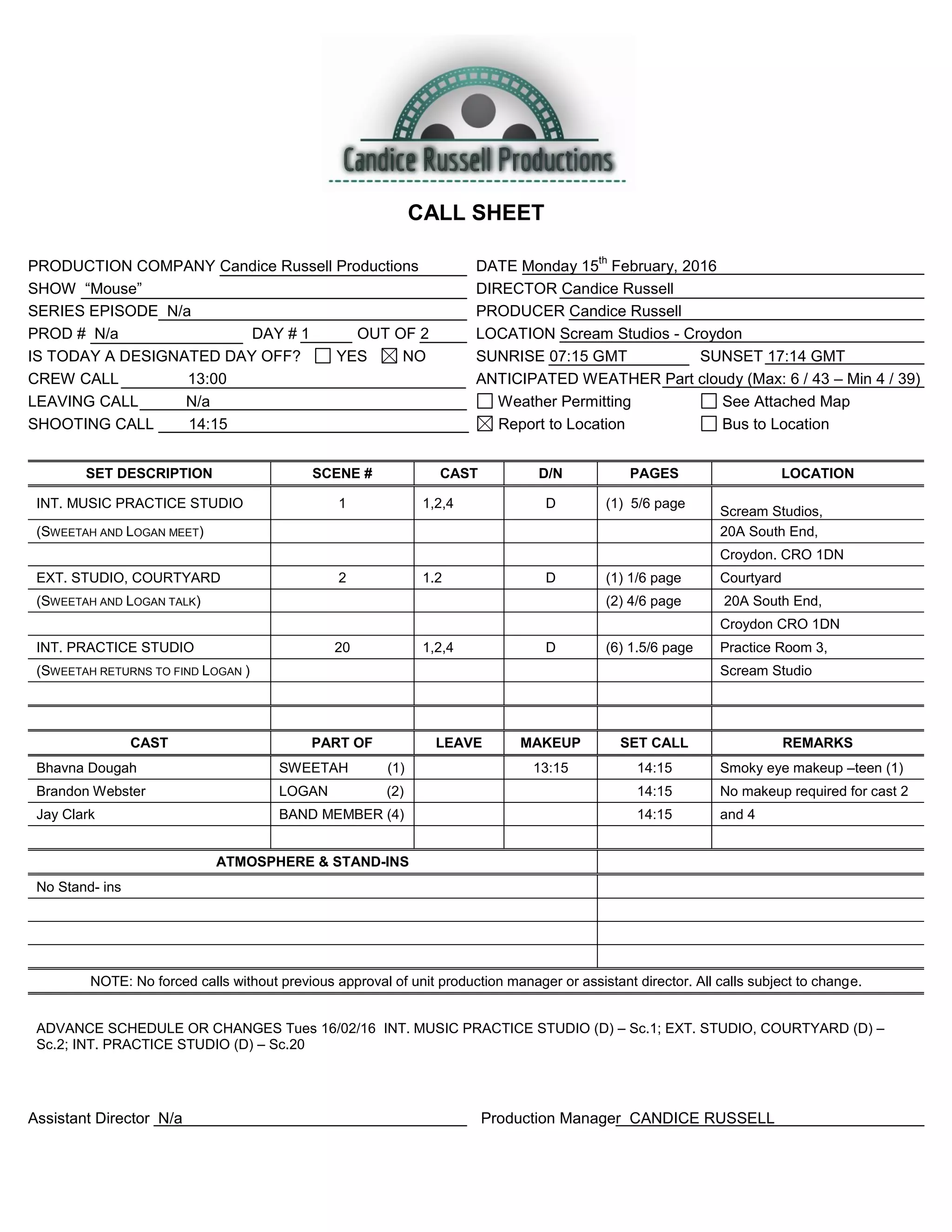 Call sheet scream studio and yard | PDF