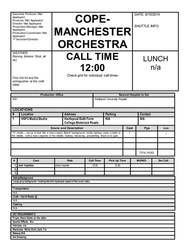 Call sheet shoot 1 | PDF