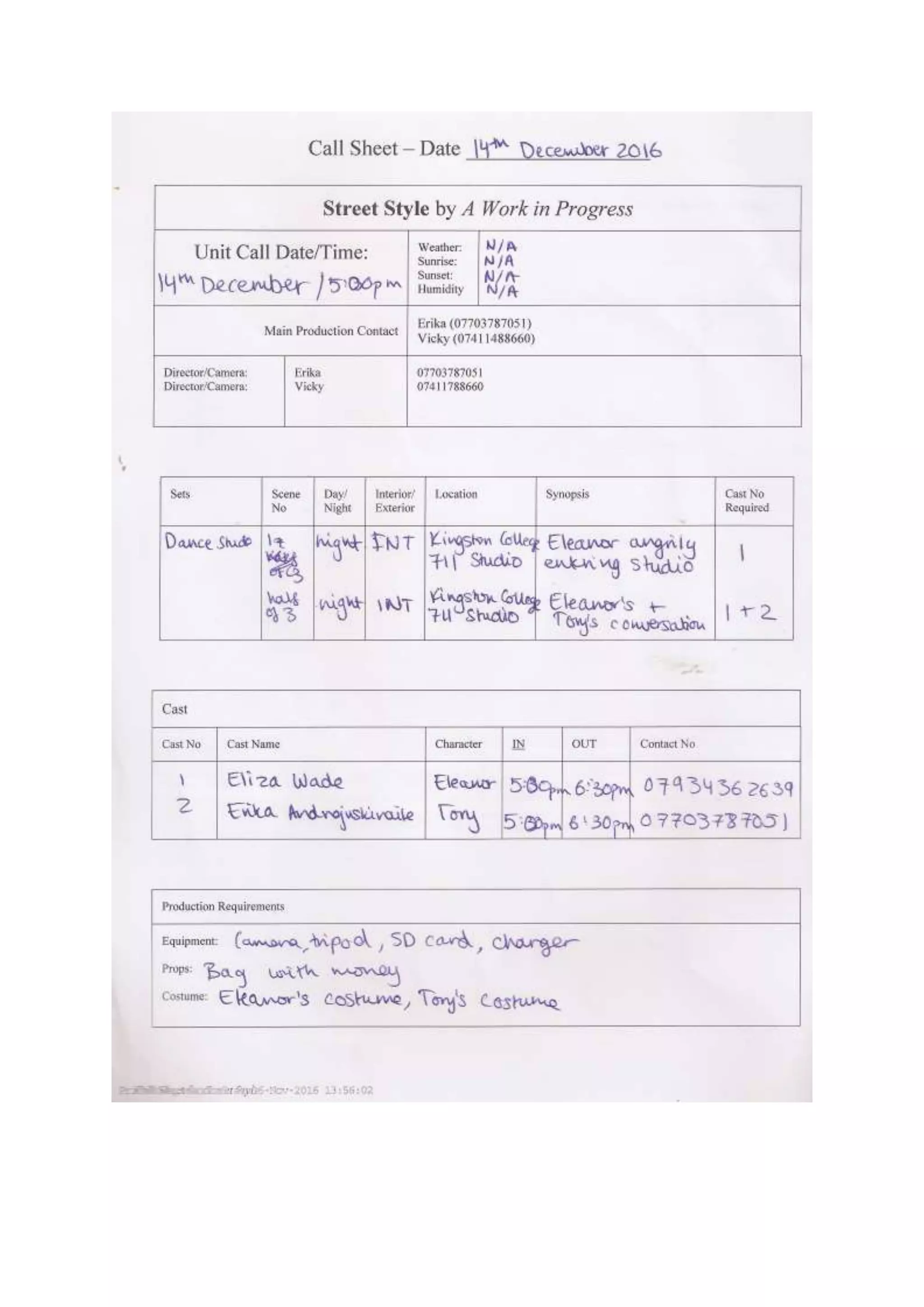 Call Sheets for "Street Style" | DOCX