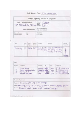Call Sheets for "Street Style" | DOCX