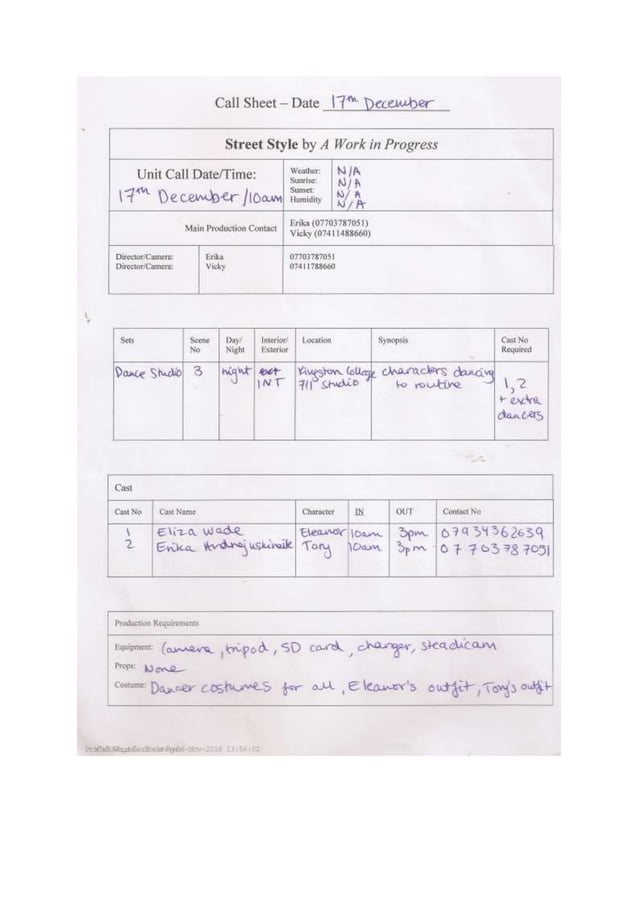 Call Sheets for "Street Style" | DOCX