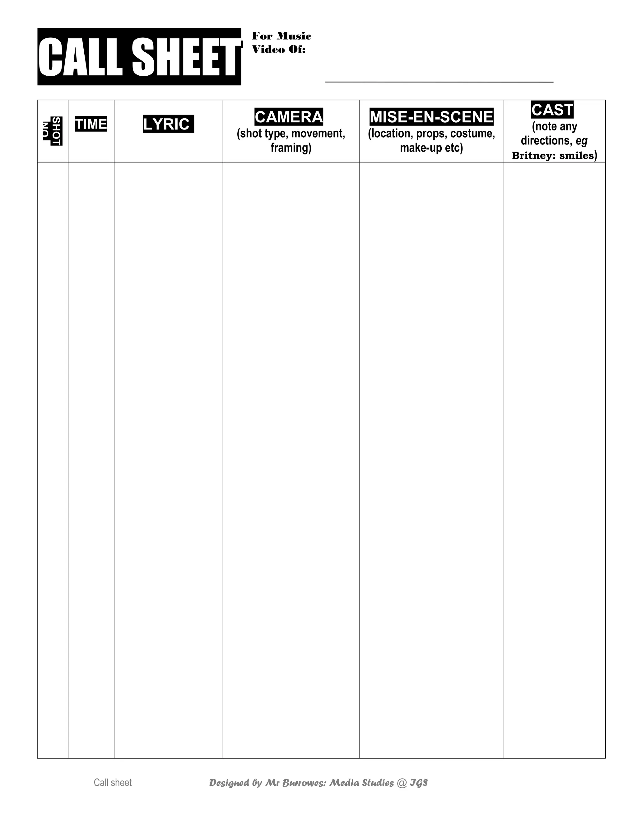 Music video call sheet template | DOC