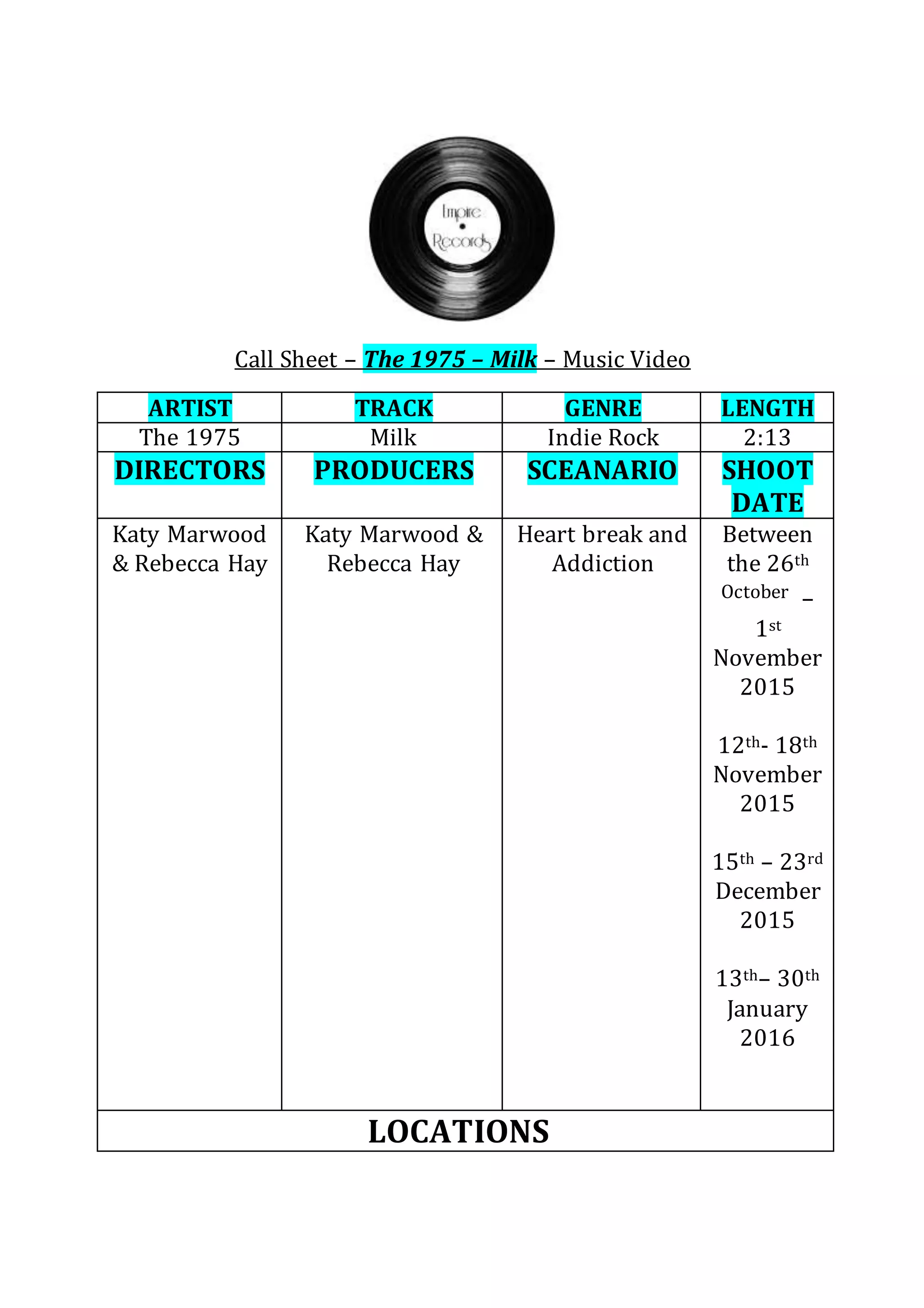Call sheet – the 1975 – milk – music video | DOCX