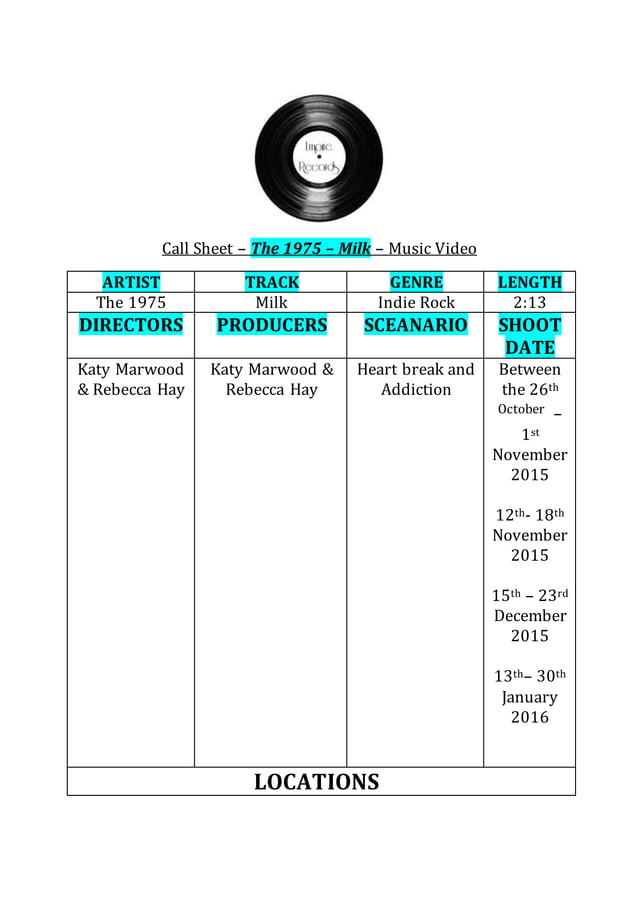 Call sheet – the 1975 – milk – music video | DOCX