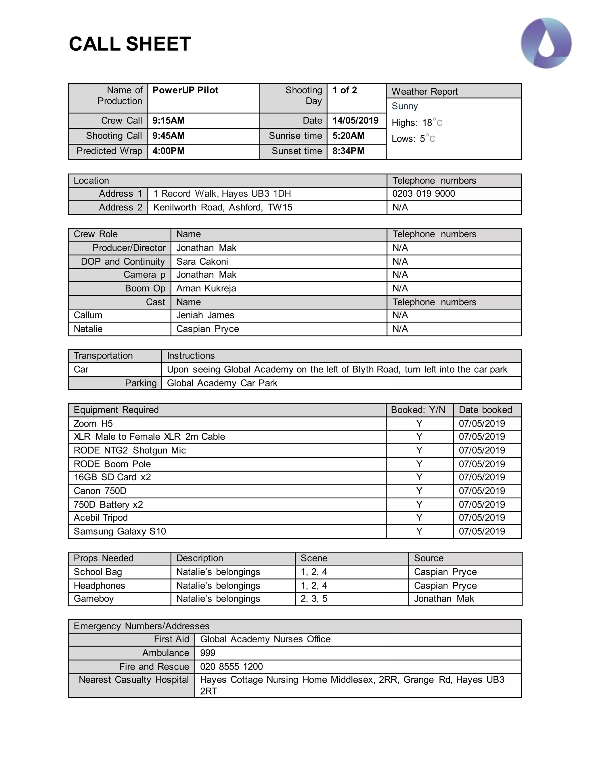Day 1 Call Sheet for "PowerUP" Pilot | PDF