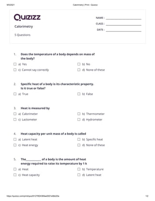 ICSE BOARD: Chapter - Calorimetry - quizizz | PDF | Physics | Science
