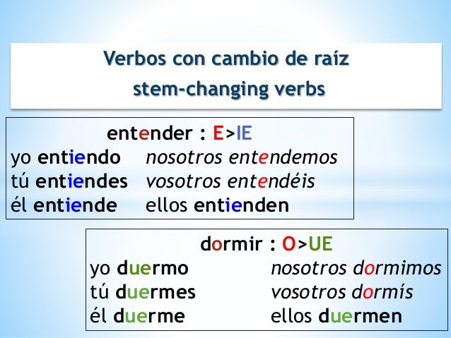 Los verbos con cambio de raíz (o>ue, e>ie, e>i)