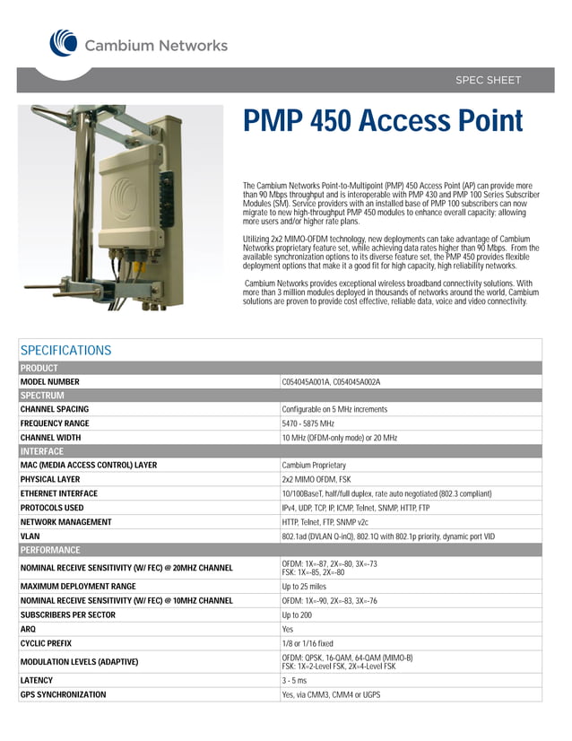 Cambium Networks Pmp 450 Access Point Specification Pdf