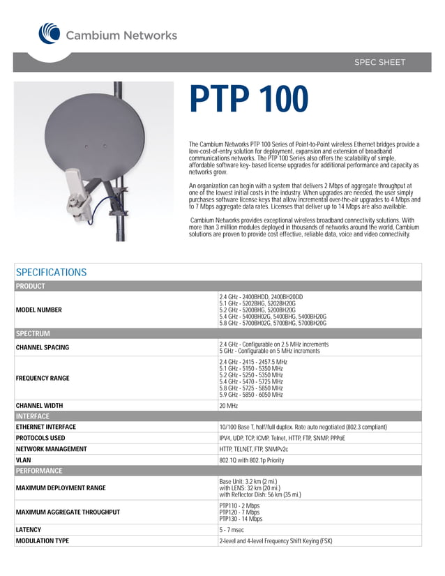 Cambium Networks Ptp 100 Specification Pdf