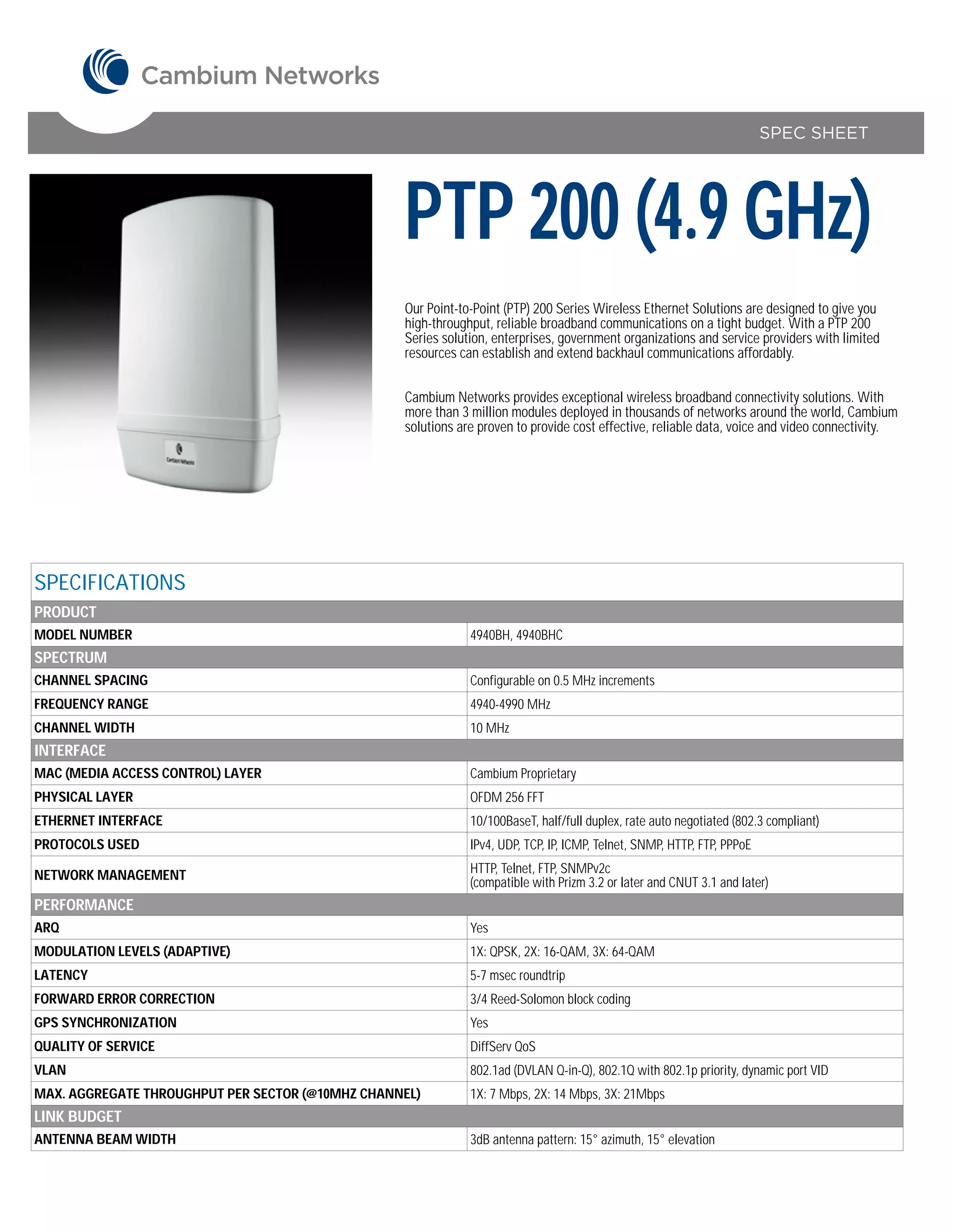 Cambium Networks Ptp 200 4 9 G Hz Specification Pdf