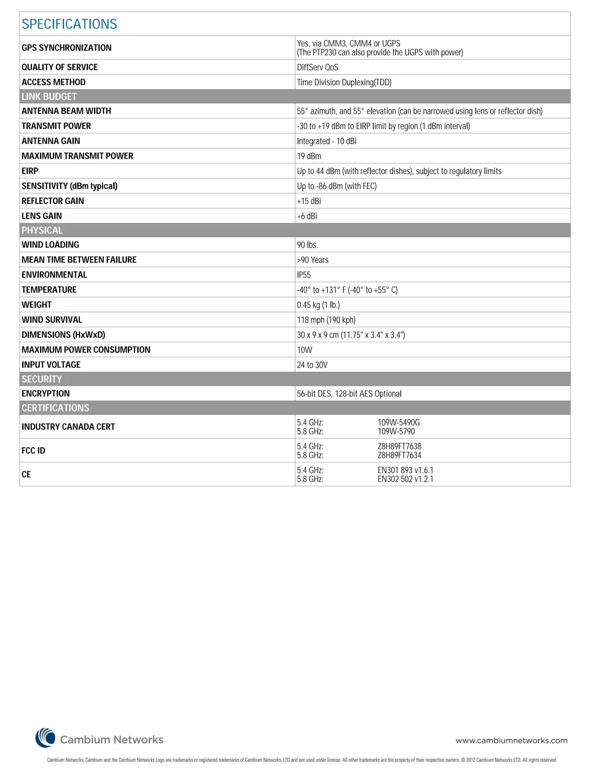 Cambium Networks Ptp 230 Specification Pdf Internet Of Things