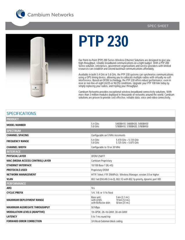 Cambium Networks Ptp 230 Specification Pdf Internet Of Things