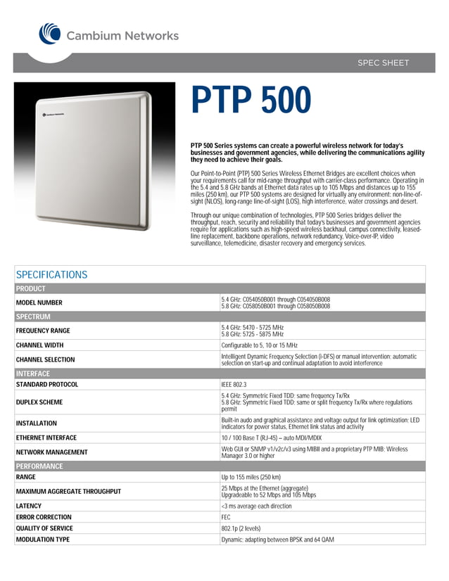 Cambium networks ptp_500_specification | PDF