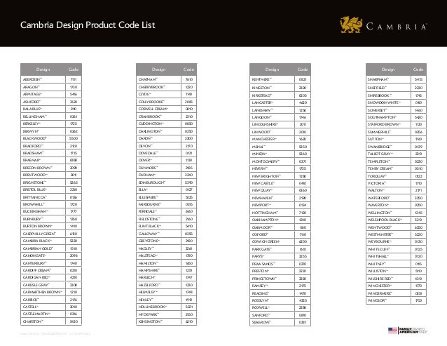 Cambria product-code-list-