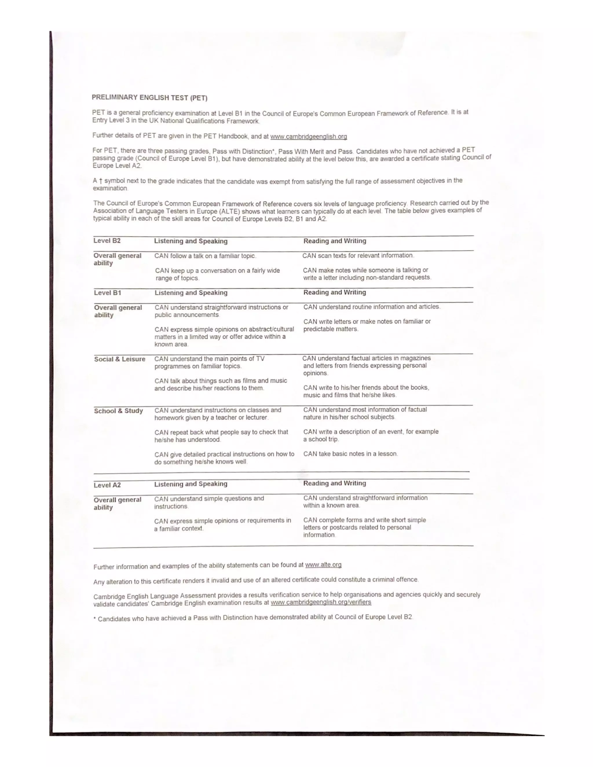 Cambridge English Entry Level Certificate in ESOL International (Entry ...
