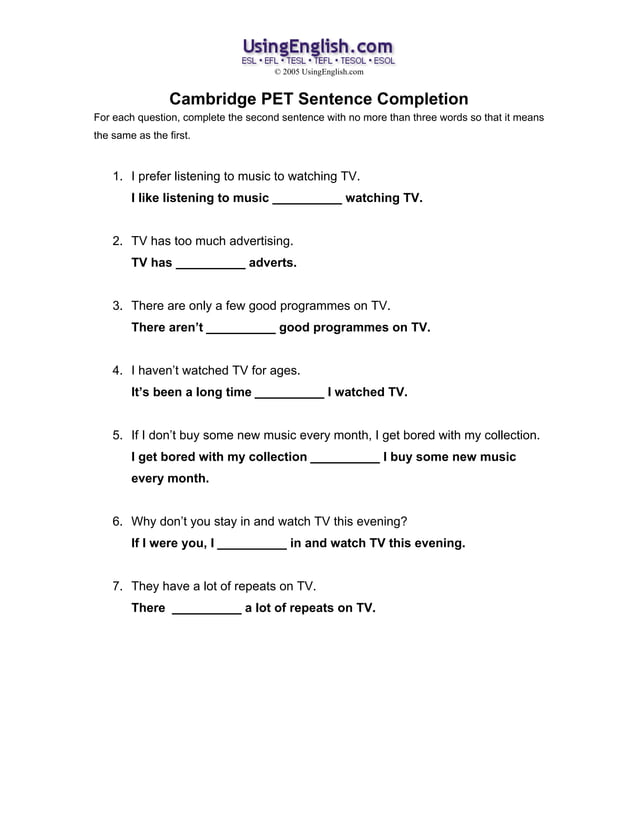 Cambridge pet-sentence-completion-part-1 | PDF